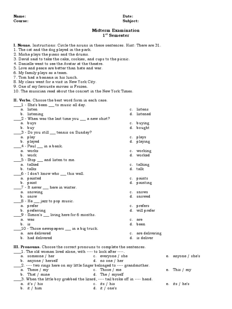 Midterm Examination 1 Semester: Name: Course: Date: Subject | PDF ...