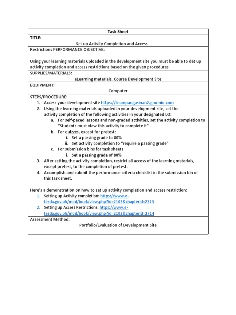 Task Sheet - Activity Completion and Restrictions | Download Free PDF ...