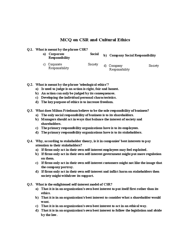 Pe MCQS | PDF | Corporate Social Responsibility | Business Ethics