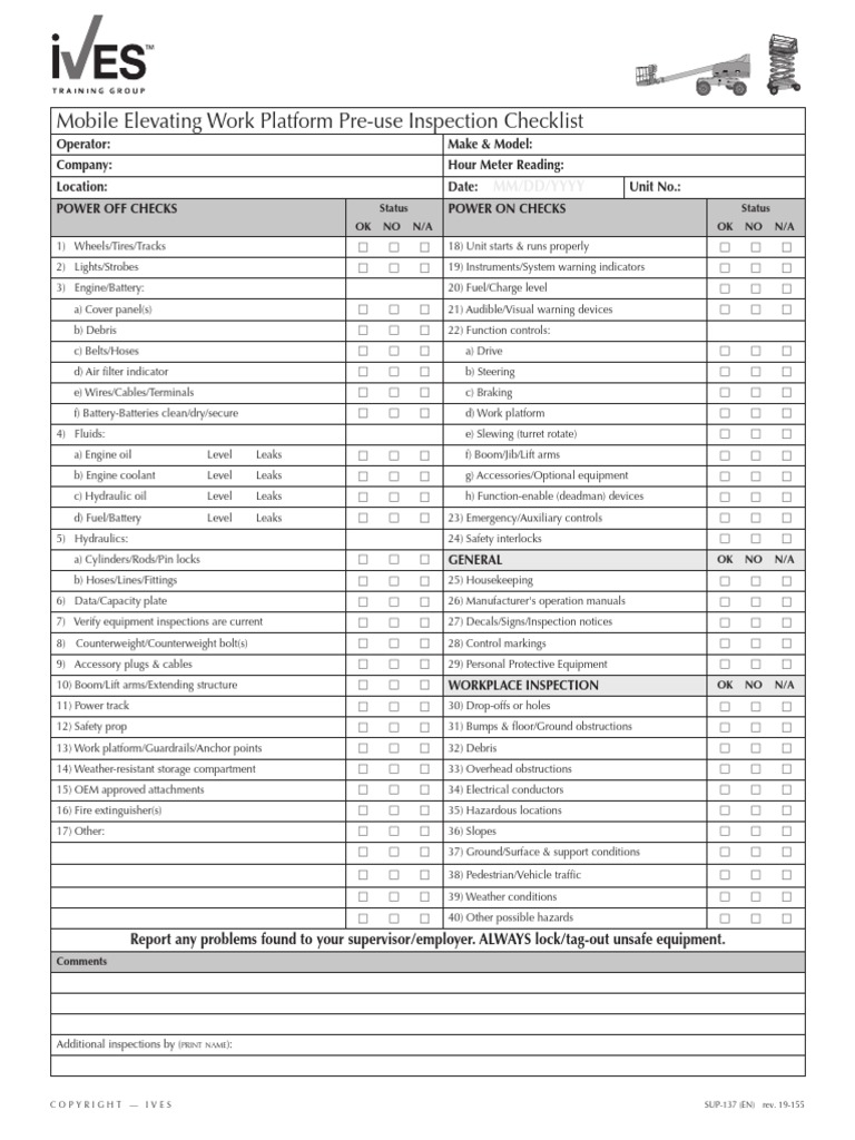 Pre Use Inspection MEWP Combined SUP 137 e EN 19 155 | PDF | Elevator ...
