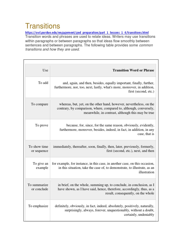 Transitions: Transitions and How They Are Used | PDF | Language Arts ...