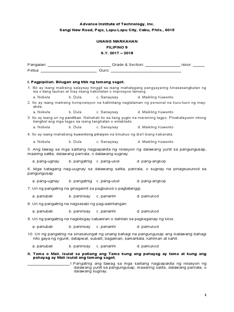 Filipino 9-Unang Markahan | PDF