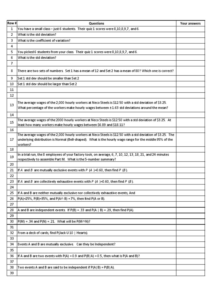 Row # Questions Your Answers | PDF | Standard Deviation | Teaching ...