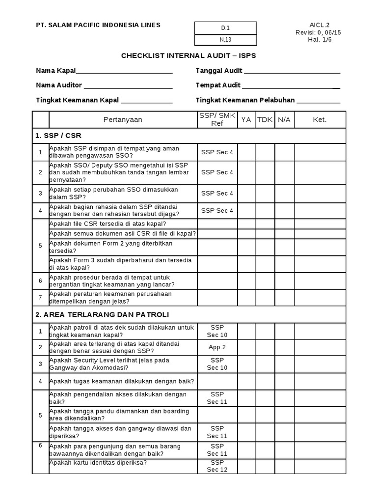 AICL.2 Checklist Internal Audit - ISPS | PDF