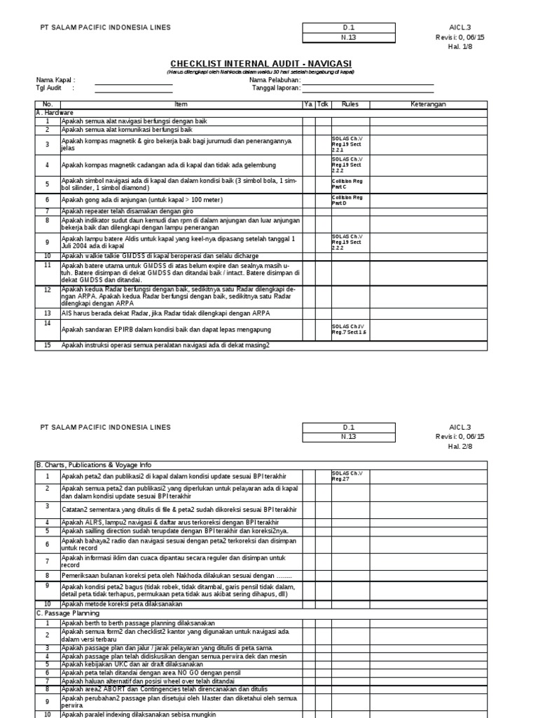 AICL.3 Checklist Internal Audit - Navigation | PDF