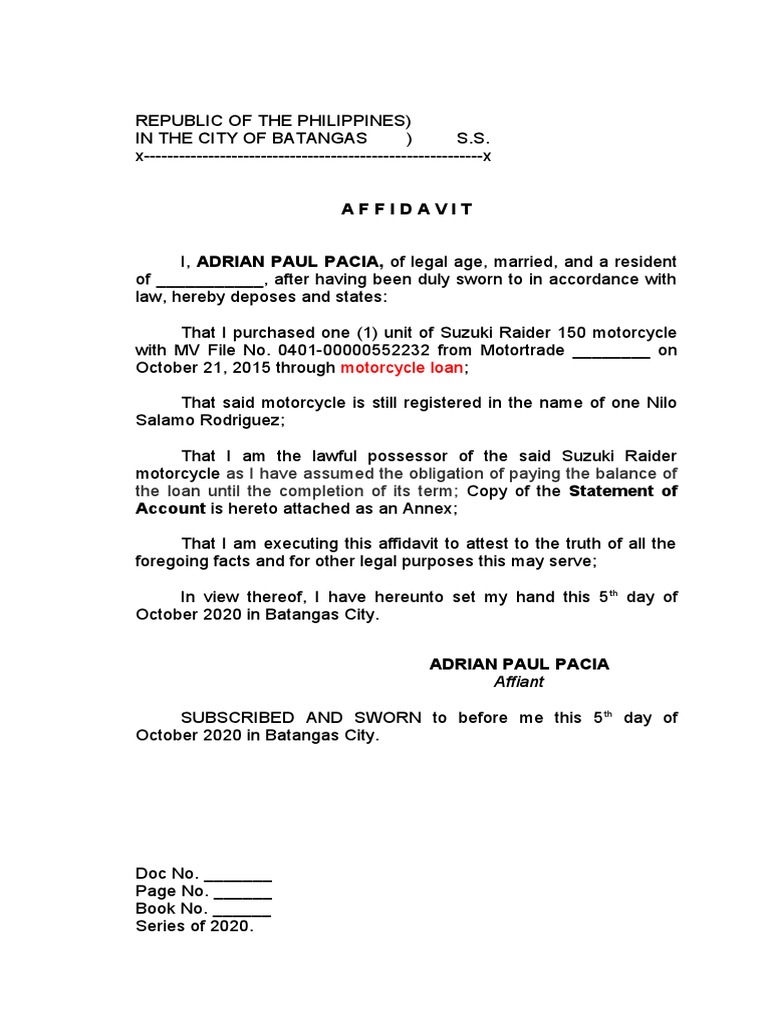 Affidavit of Motorcycle Ownership | PDF | Finance & Money Management ...