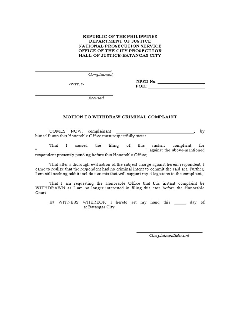Motion To Withdraw Criminal Complaint Blank | PDF