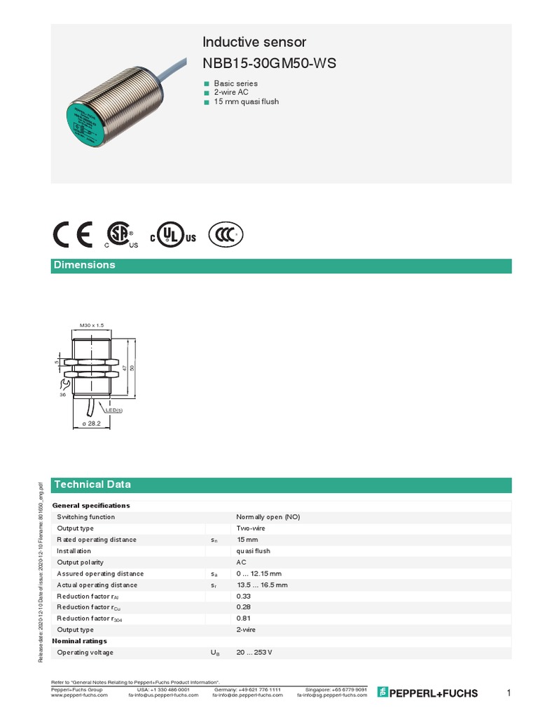 Inductive Sensor NBB15-30GM50-WS: Dimensions | PDF | Fuse (Electrical) | Equipment