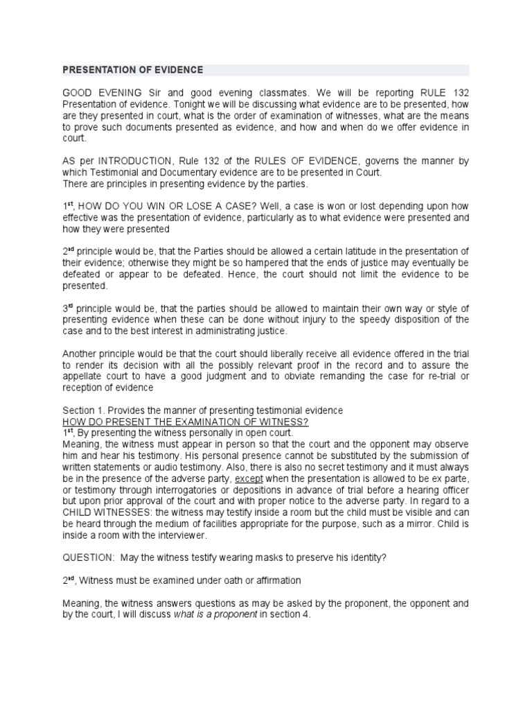 PRESENTATION OF EVIDENCE Note! | PDF | Witness | Witness Impeachment