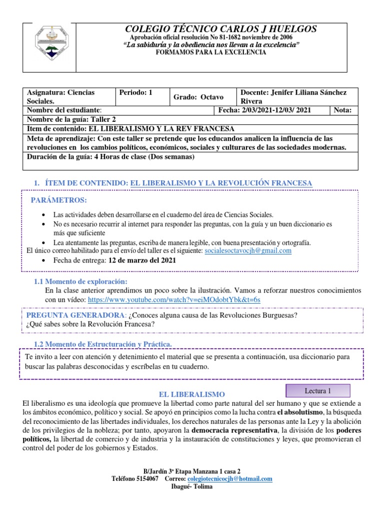 Ciencias Sociales Octavo, Taller 2 Primer Periodo EL LIBERALISMO Y LA ...