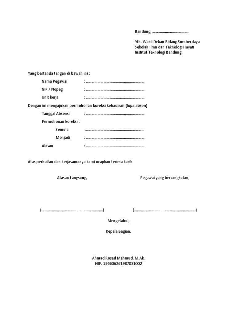 Surat Permohonan Koreksi Lupa Absen | PDF