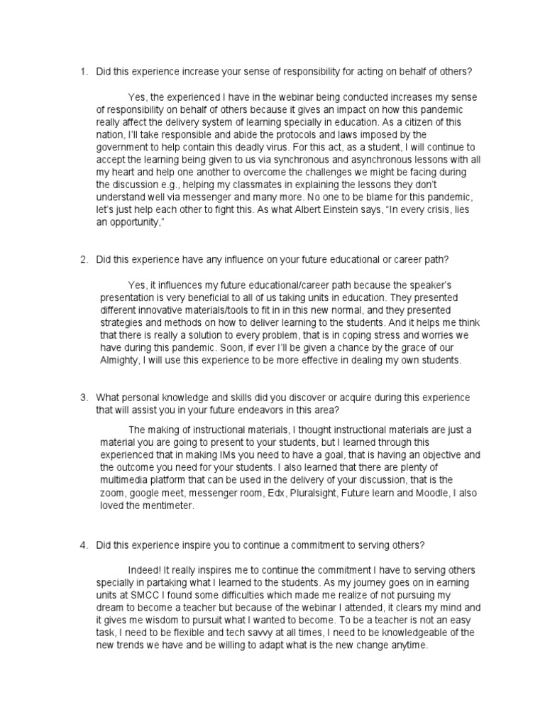 Webinar Reflection | PDF | Experience | Applied Psychology