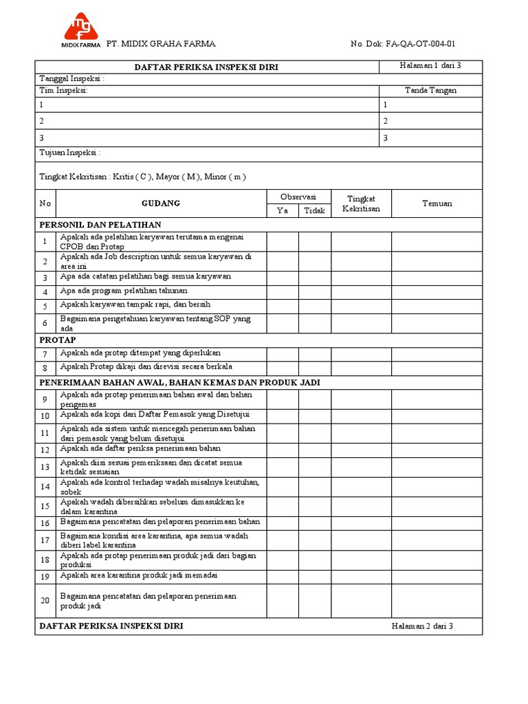 Daftar Periksa Inspeksi Diri Gudang | PDF