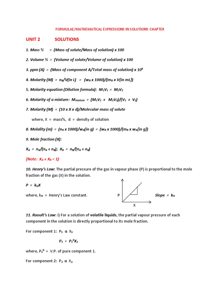 Class 12 Solutions Formula Sheet | PDF | Physical Chemistry | Physics