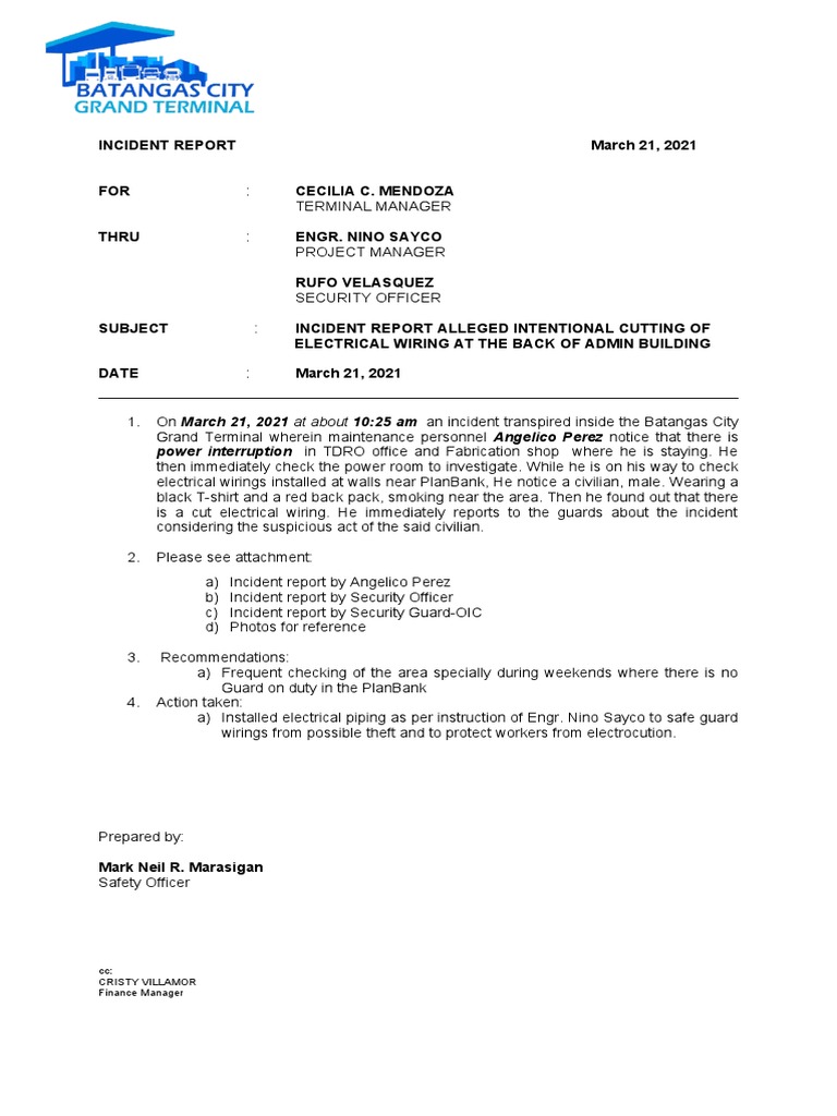 Electrical Wiring Theft Incident Report | PDF