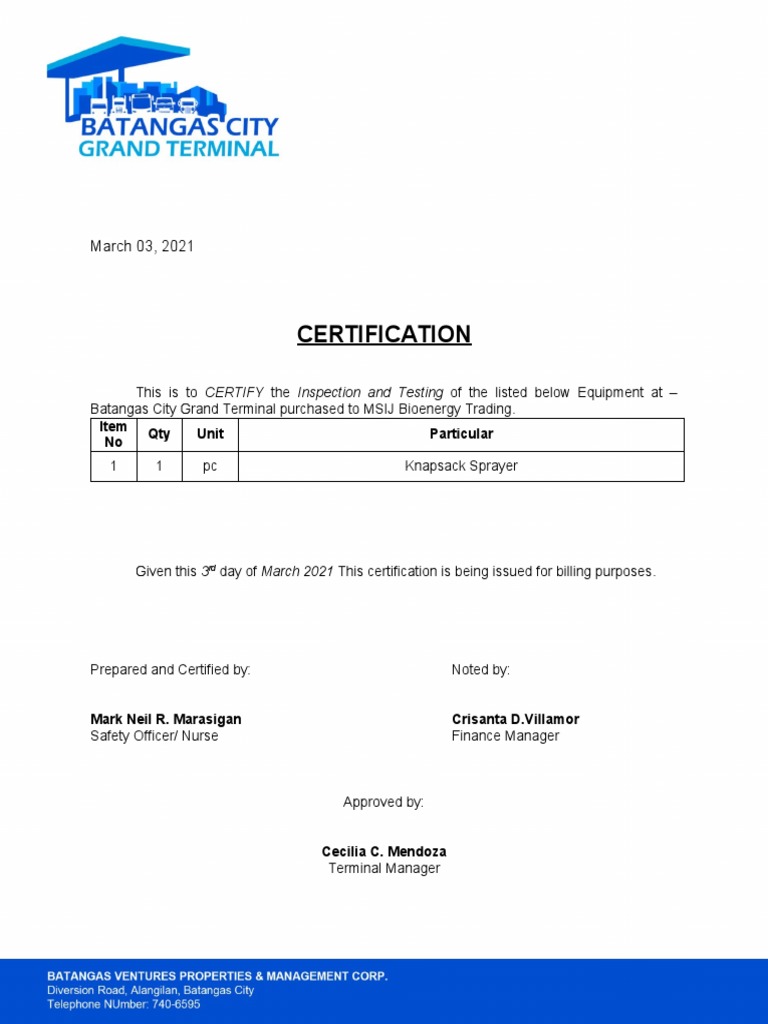 Certification Letter For Billing Format | PDF