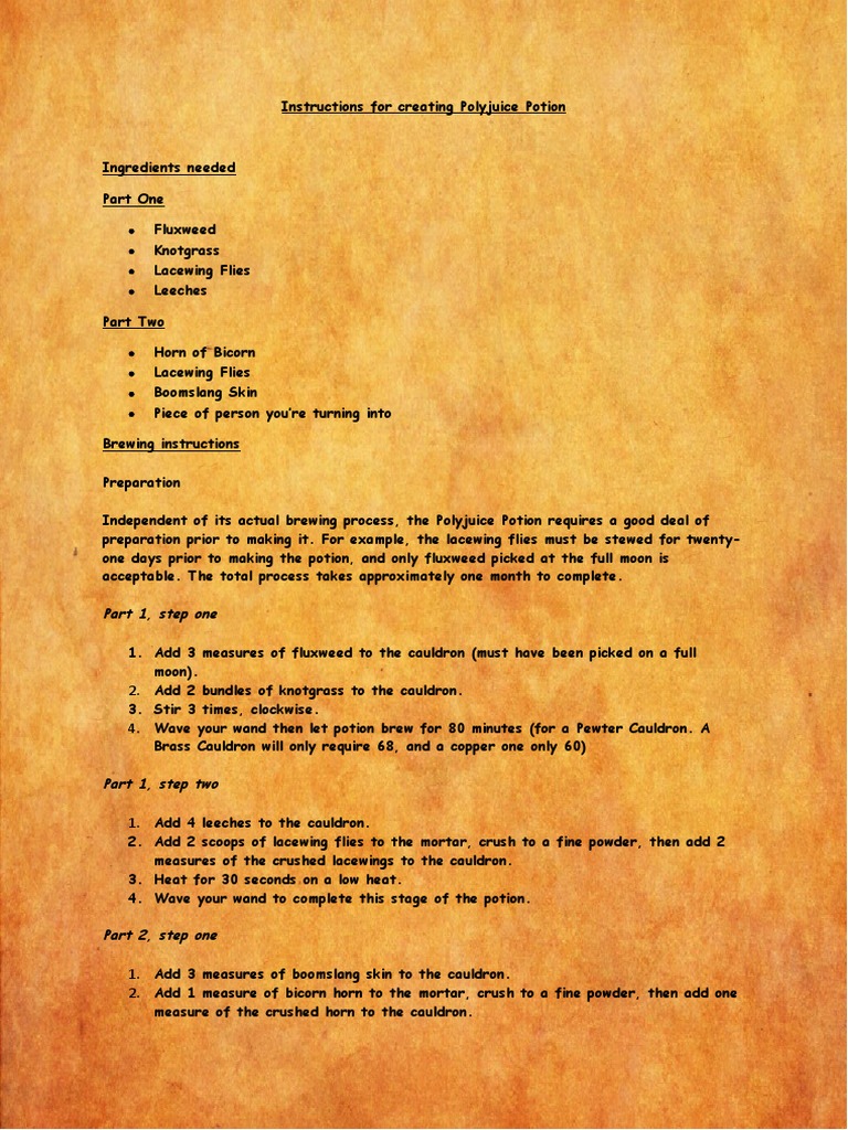 Instructions For Creating Polyjuice Potion | PDF