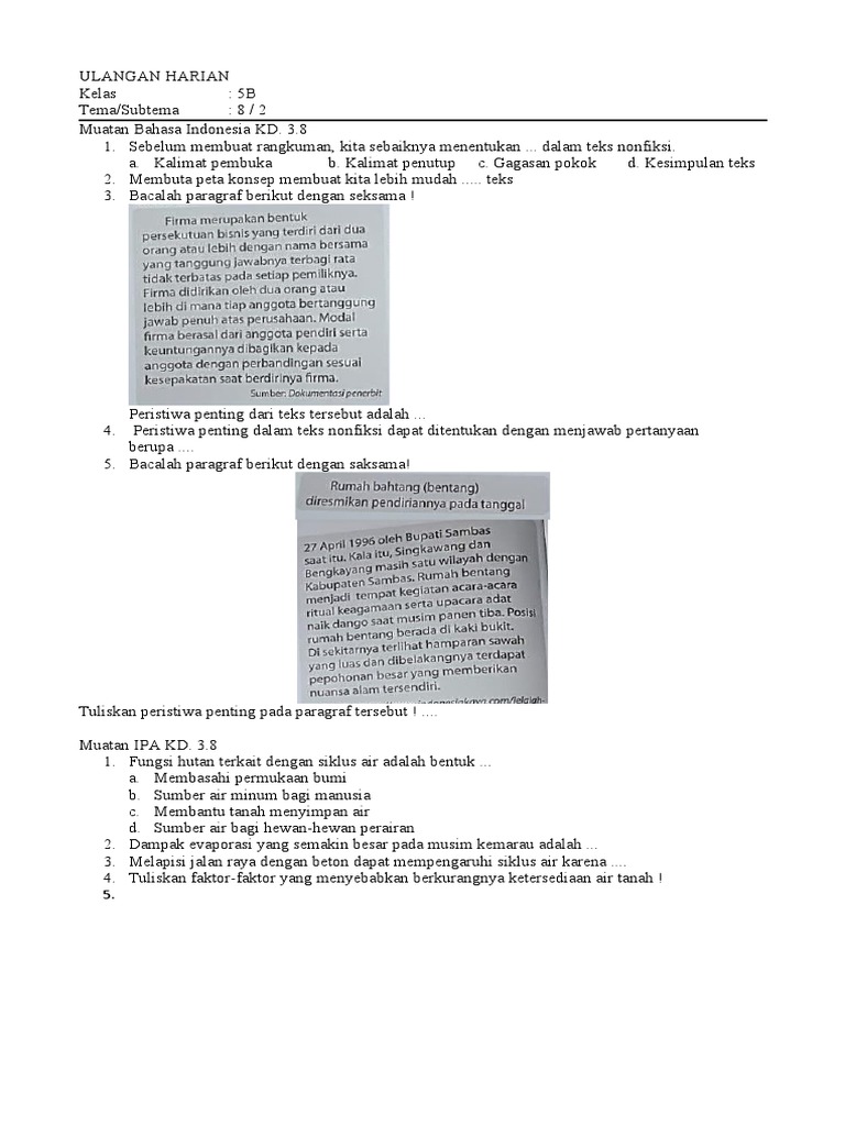 Soal Ulangan Tema 8 Subtema 2 | PDF | Seni & Disiplin Bahasa | Kajian Bahasa Asing