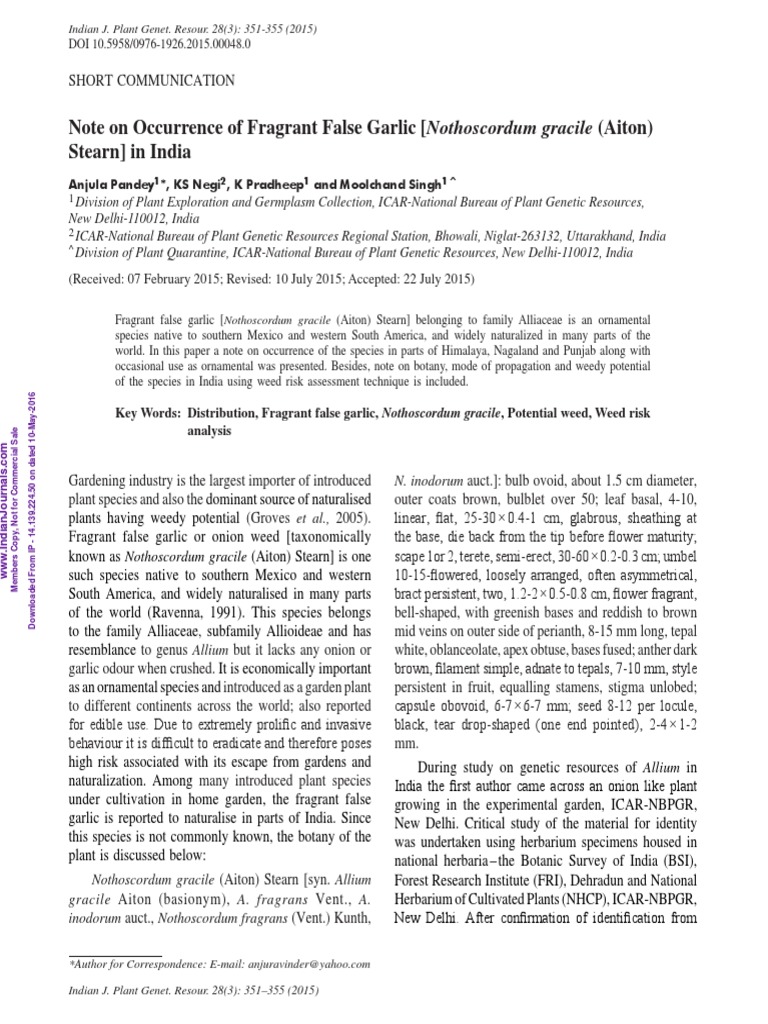 Note On Occurrence of Fragrant False Garlic (Nothoscordum Gracile ...