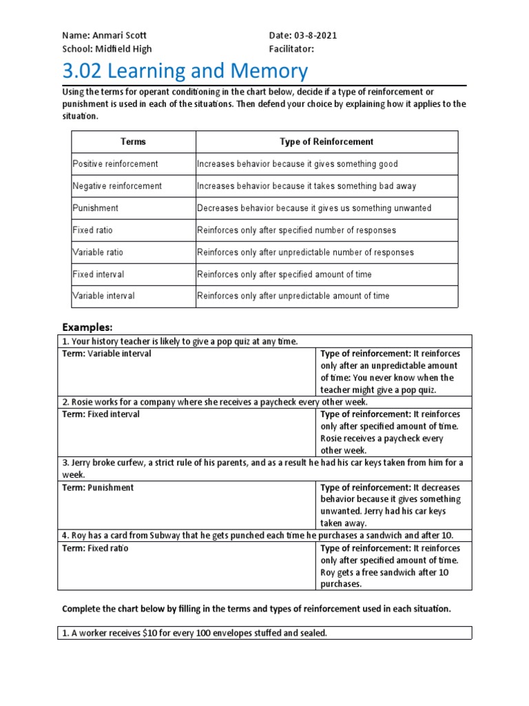 3.02 Learning and Memory: Examples | PDF | Reinforcement | Change