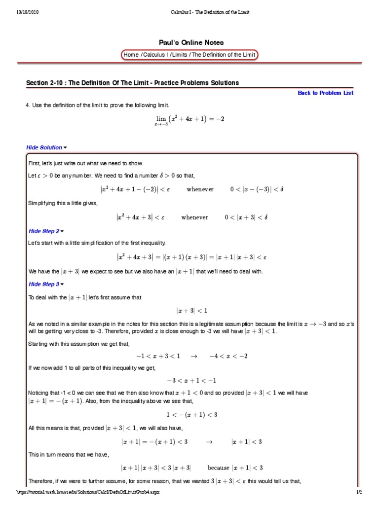 Section 2-10: The Definition of The Limit - Practice Problems Solutions ...
