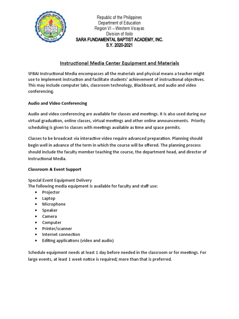 Instructional Media Center Equipment and Materials | PDF | Educational ...