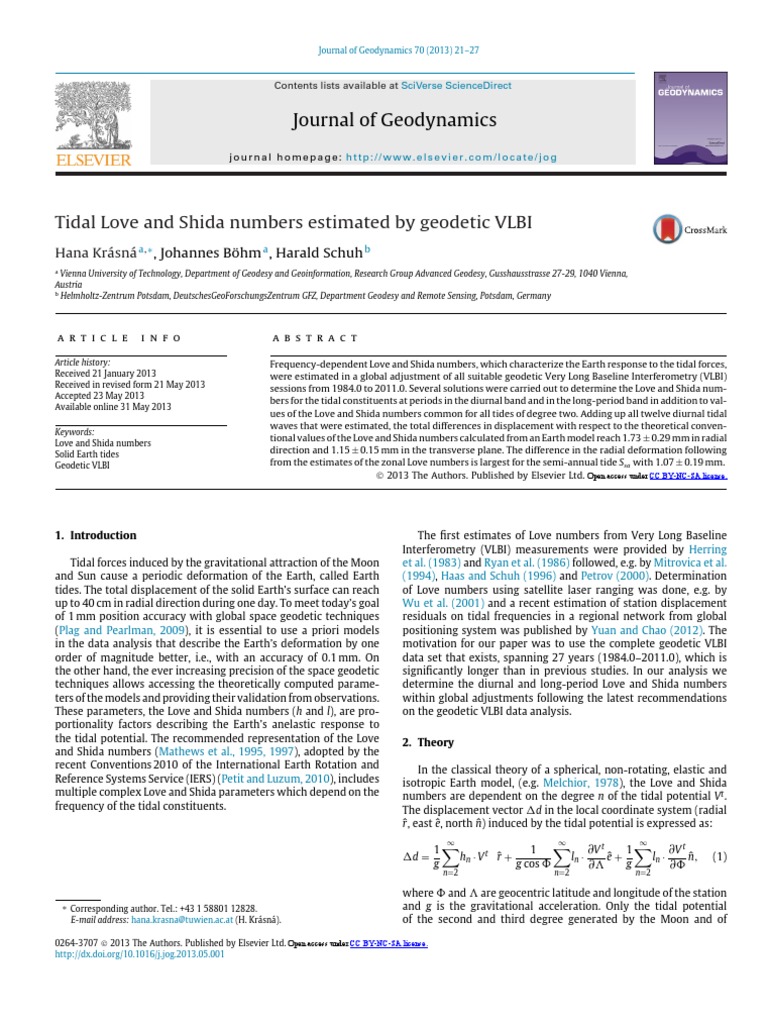 Tidal Love and Shida Numbers Estimated by Geodetic Vlbi: Journal of Geodynamics | PDF | Tide ...