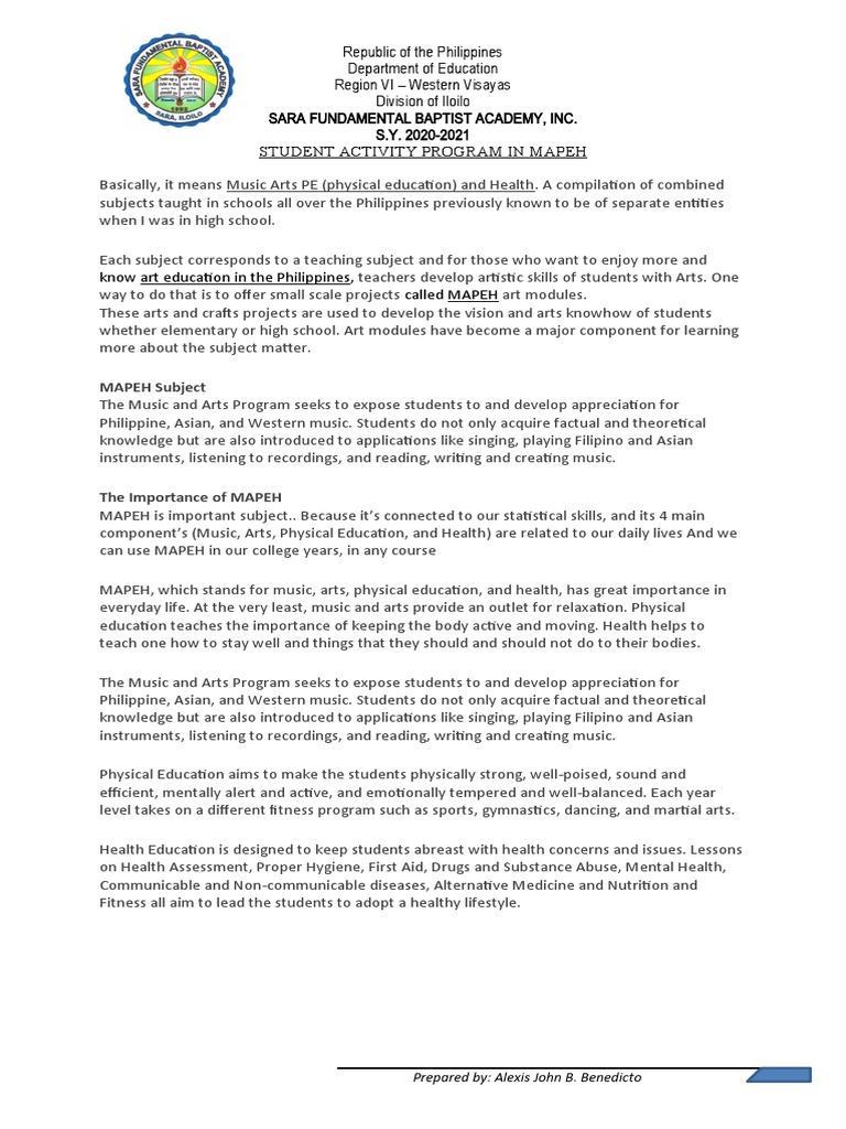 Mapeh Student Activity Program - Alexis John Benedicto | PDF | Physical ...