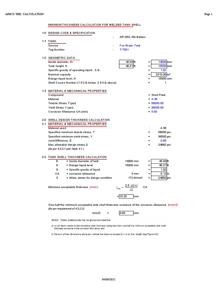 API 653 Minimum Thk. Calculation | PDF | Stress (Mechanics ...