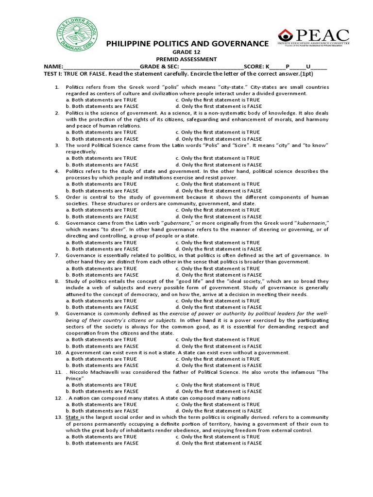 Philippine Politics and Governance Exam | PDF | Governance | Citizenship Philippine Politics and Governance Exam | PDF | Governance | Citizenship