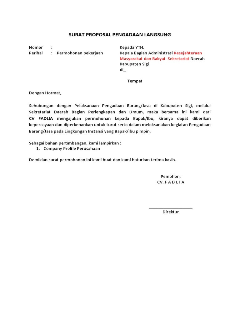 SURAT PROPOSAL - CV Fadlia | PDF