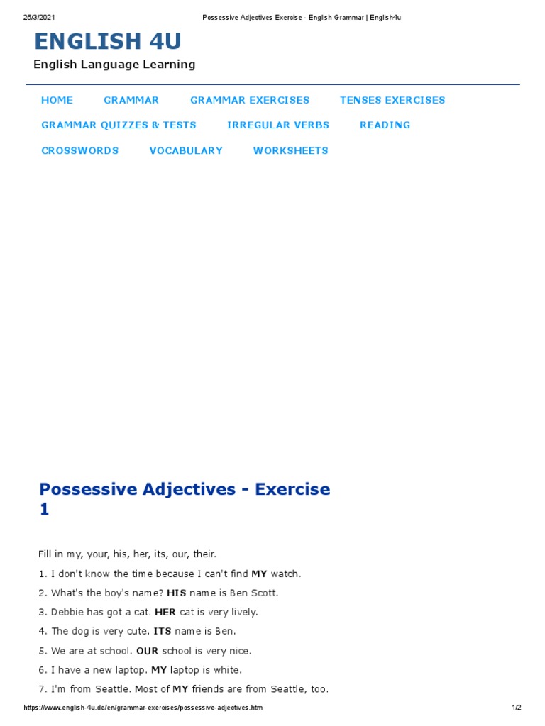 Possessive Adjectives Exercise - English Grammar - English4u | PDF ...