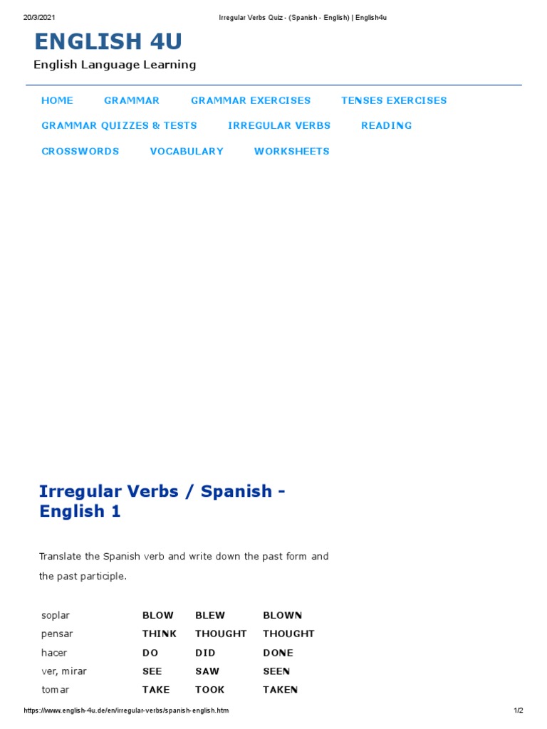 Irregular Verbs Quiz - (Spanish - English) - English4u | PDF | English ...