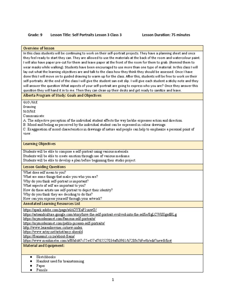 Self-Portrait Art Lesson Plan | PDF | Drawing | Information