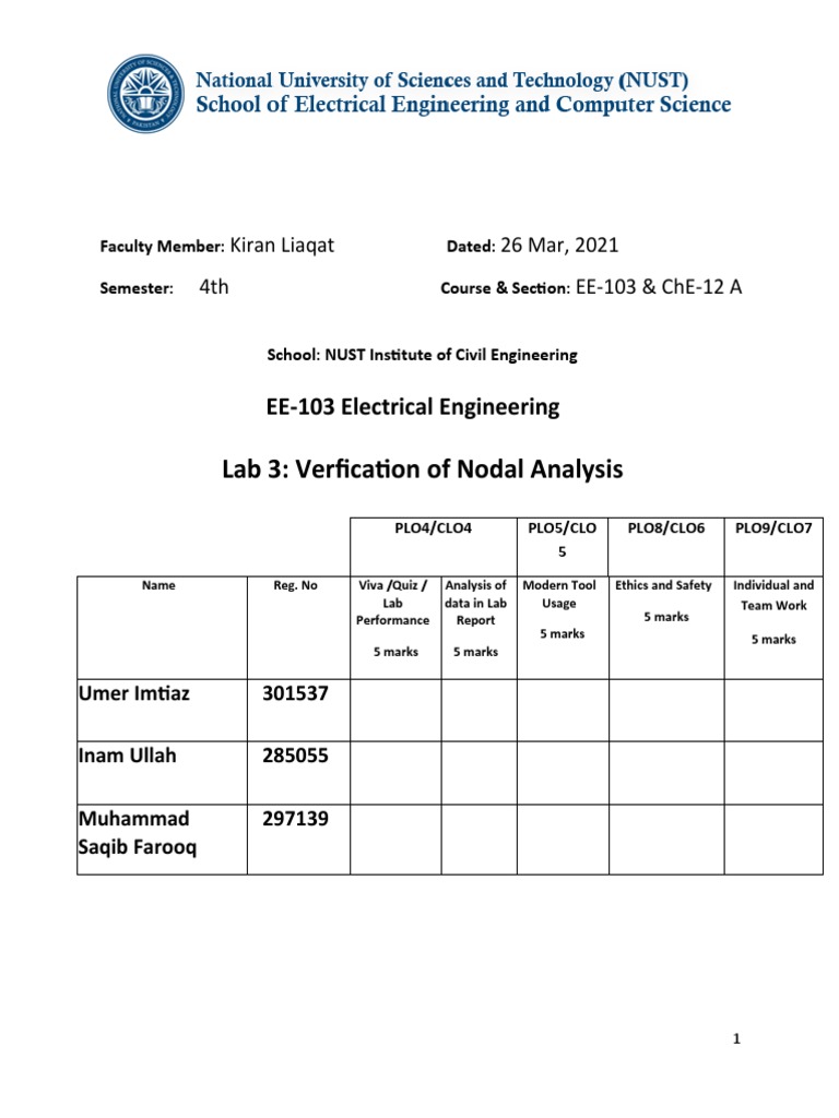 Lab 3: Verfication of Nodal Analysis: EE-103 Electrical Engineering | Download Free PDF ...