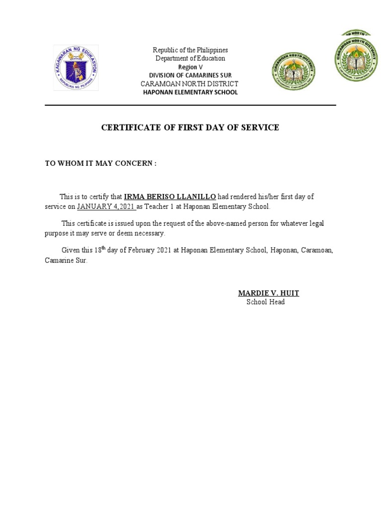 Certificate of First Day of Service: To Whom It May Concern | PDF