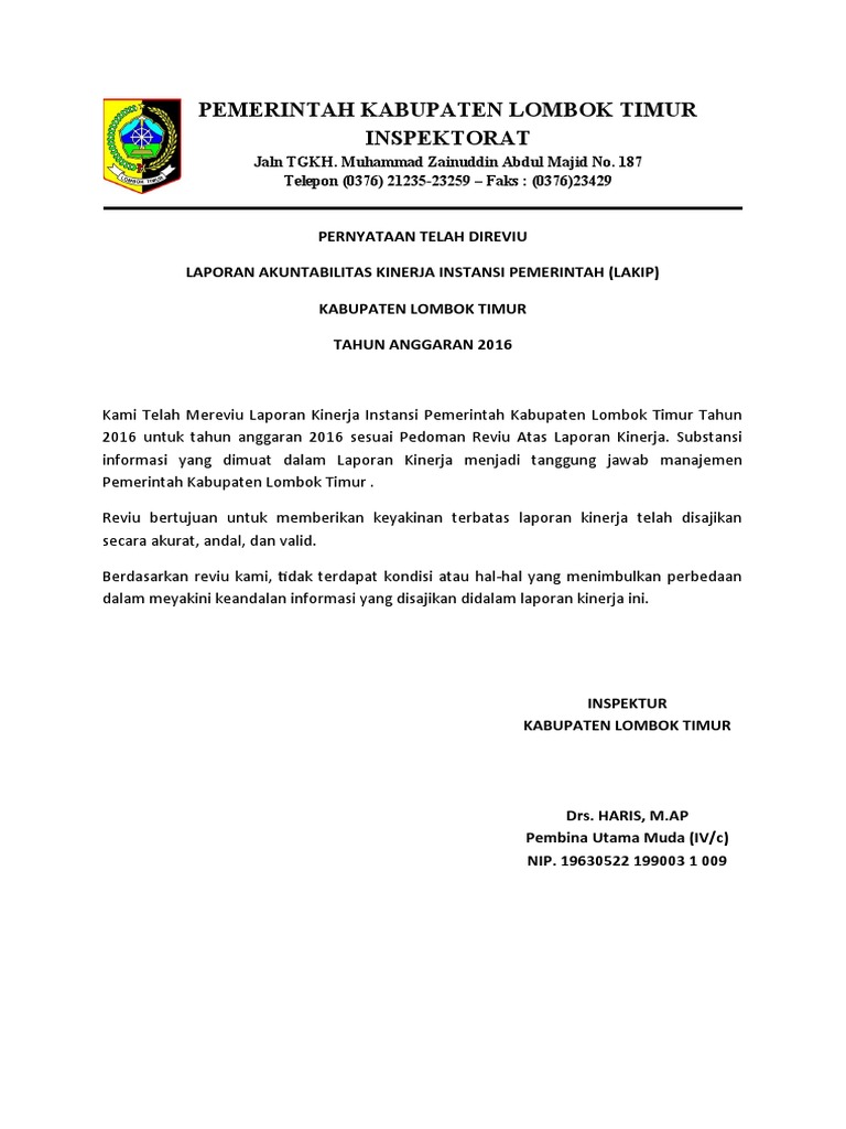 Reviu Lakip Pemkab Lombok Timur 2016 | PDF
