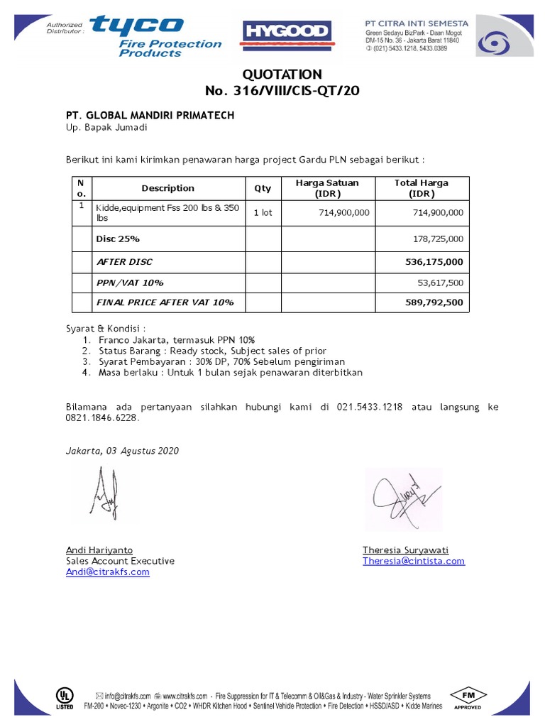 Quotation No. 316/VIII/CIS-QT/20: Pt. Global Mandiri Primatech | PDF | Diving Equipment | Hydraulics