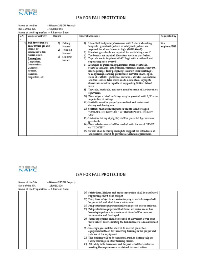JSA FOR Fall Protection | PDF | Stairs | Civil Engineering