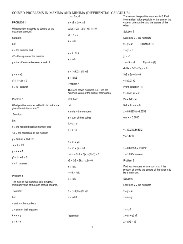 Solved Problems in Maxima and Minima (Diffirential Calculus) | PDF ...