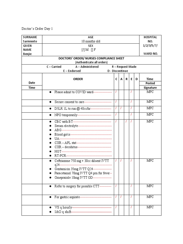 Doctor's Order Day 1: Doctors' Order/ Nurses Compliance Sheet | PDF ...