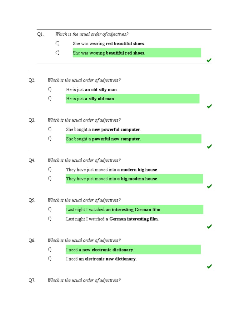 Adjective Order Quiz | PDF | Nature