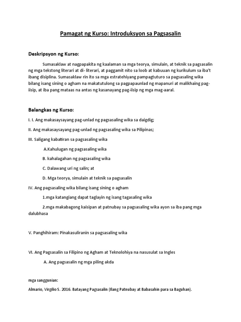 Pamagat NG Kurso Sa INTRO. Sa PAGSASALIN | PDF
