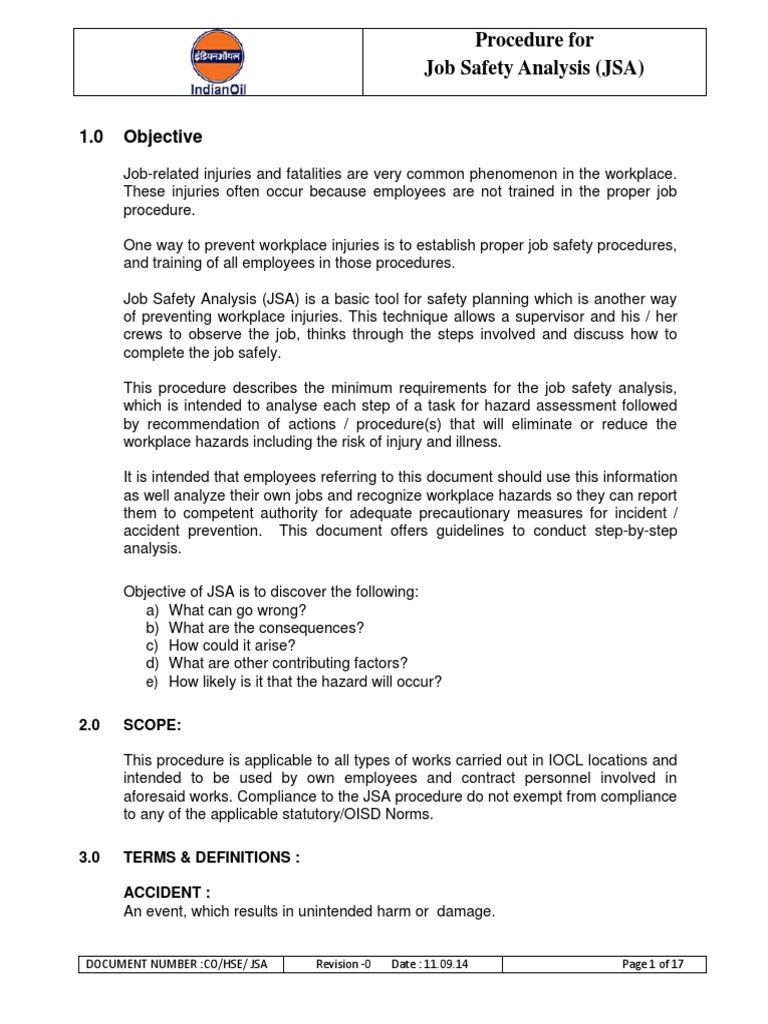 Job Safety Analysis Procedure Guide | PDF | Occupational Safety And ...