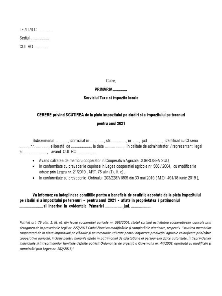 Model CERERE Primarie - Scutire Impozite Locale - 2021 | PDF
