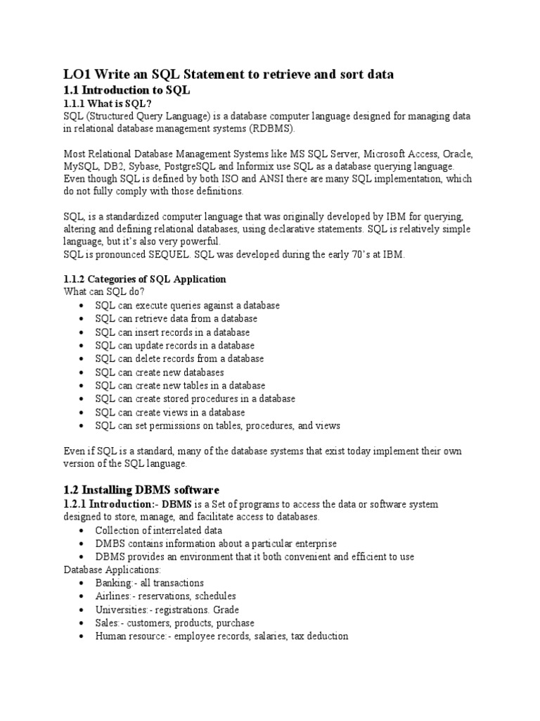 LO1 Write An SQL Statement To Retrieve and Sort Data | PDF | Relational ...