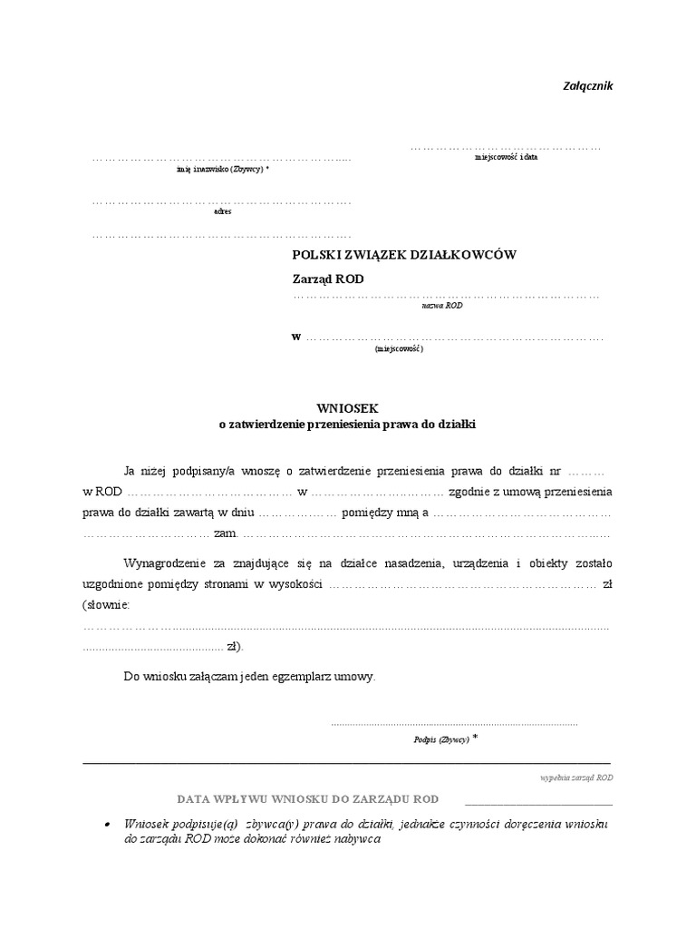 Wniosek o Zatwierdzenie Przeniesienia Prawa Do Dzialki | PDF