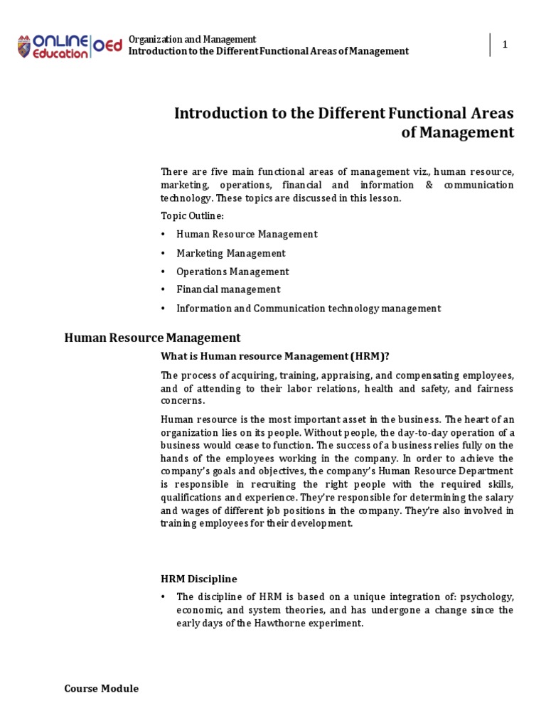 Introduction To The Different Functional Areas of Management | PDF ...