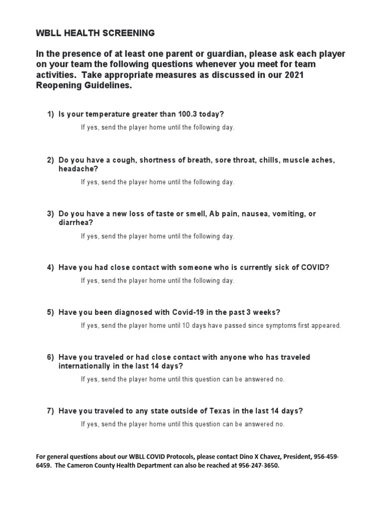 2021 Covid Screening Questionnaire | PDF