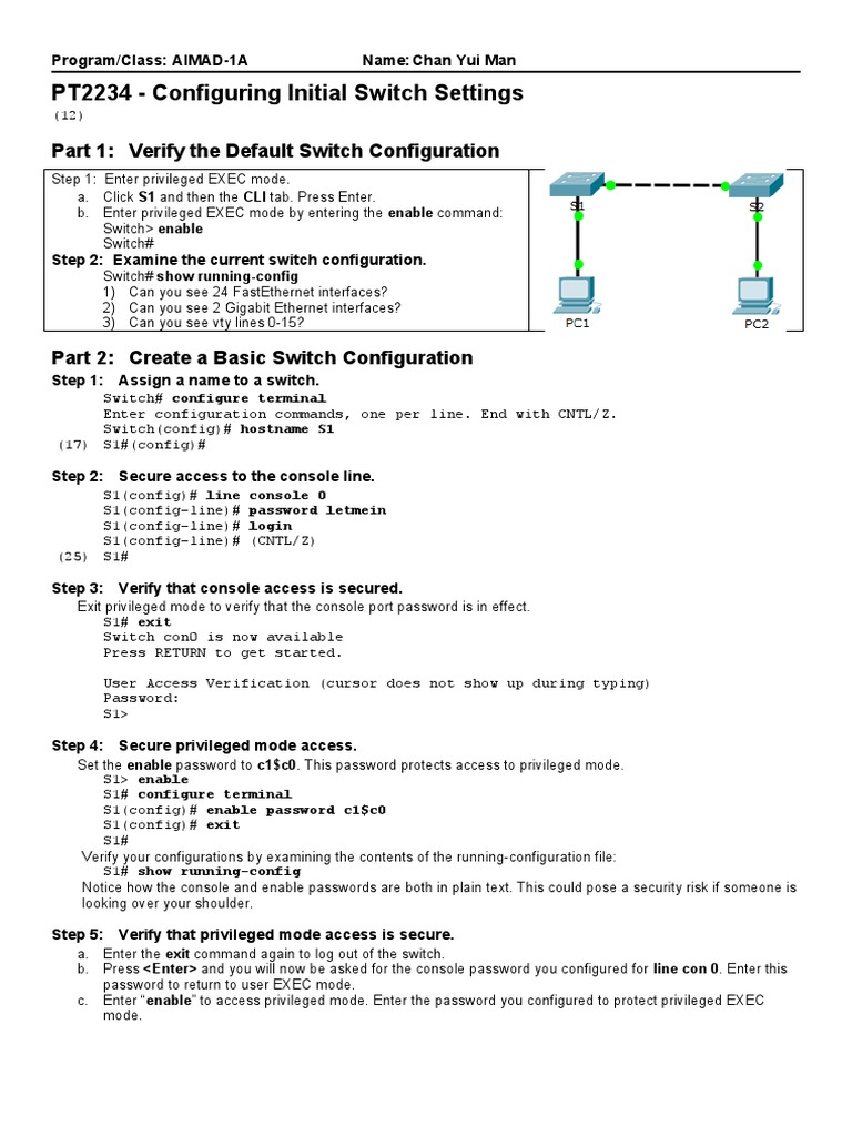 PT2234 - Configuring Initial Switch Settings: Part 1: Verify The ...